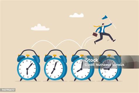 시간 관리 지연 또는 작업 생산성 마감일 내에 프로젝트 완료 작업 효율성 또는 계획 빠른 속도 프로젝트 개념 알람 시계를 통과하는 시간에 뛰어 드는 사업가 전문가 시간에