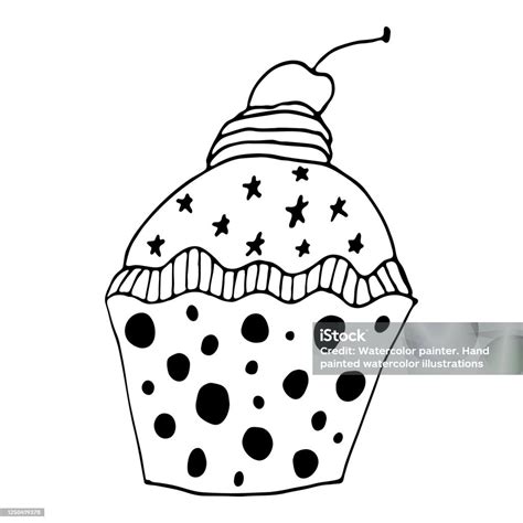 벡터 흑백 컵케이크 일러스트와 체리 흰색 배경에 손 그리기 음식 낙서 베이커리 로고 결혼 초대장 프린트 디자인라인 아트 검은색에 대한 스톡 벡터 아트 및 기타 이미지