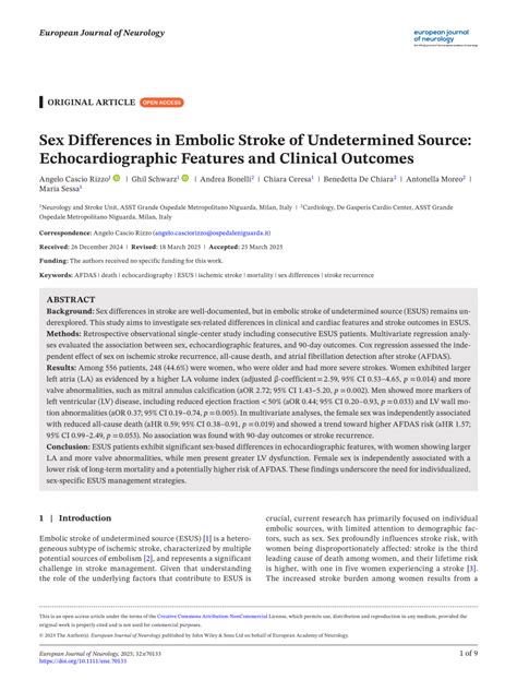 Pdf Sex Differences In Embolic Stroke Of Undetermined Source Echocardiographic Features And