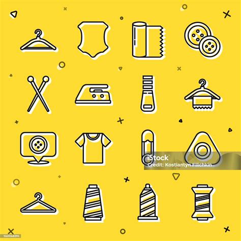세트 라인 바느질실 분필 옷걸이 옷장 섬유 패브릭 롤 전기 다리미 뜨개질 바늘 및 지퍼 아이콘 벡터 건강관리와 의술에 대한 스톡 벡터 아트 및 기타 이미지 Istock