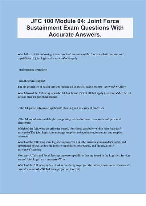 Jfc 100 Module 04 Joint Force Sustainment Exam Questions With Accurate Answers Jfc 100