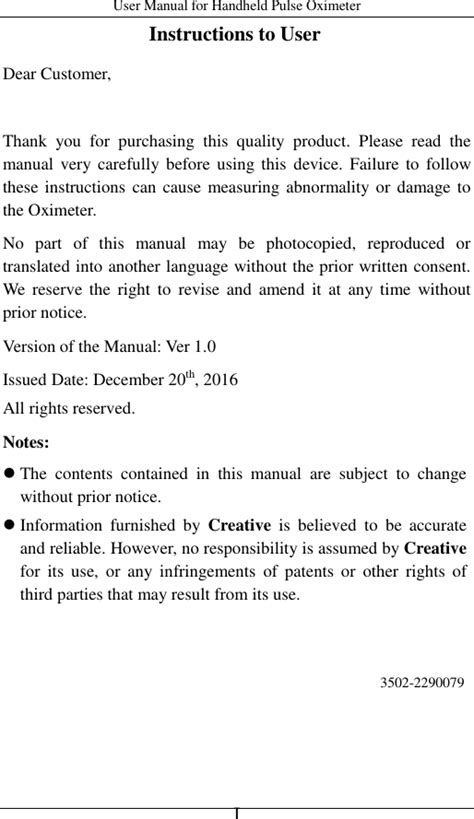 Creative Industry Sp 20 Handheld Pulse Oximeter User Manual