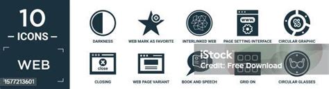 채워진 웹 아이콘 세트입니다 평평한 어둠 좋아하는 별 상호 연결된 웹 페이지 설정 인터페이스 원형 그래픽 닫기 페이지 변형 책 및 말풍선 그리드 원형을 포함합니다 기포에