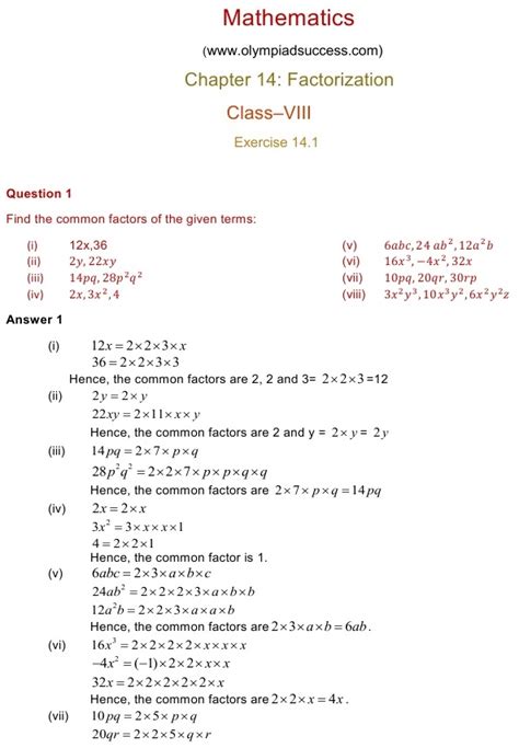 Ncert Solutions For Class 8 Mathematics Chapter 14 Factorization