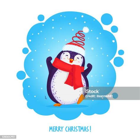 재미있는 산타 모자와 빨간 스카프에 귀여운 펭귄 메리 크리스마스 인사말 만화 스타일의 벡터 일러스트레이션 인쇄 장식 및 웹 디자인에 적합합니다 겨울에 대한 스톡 벡터 아트