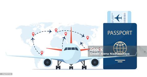 항공기 항공권이 있는 여권 비행 경로가 있는 세계 지도 핀 마커 여행 시간 개념 비행기로 여행하기 국제선 벡터 일러스트 레이 션 포스터 배너 가방에 대한 스톡 벡터 아트 및