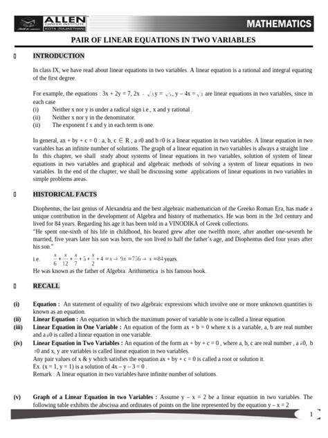 Pair Of Liner Equations In Two Variables Pdf Equations System Of Linear Equations