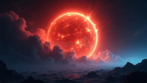 A Fiery Red Celestial Body Dominates The Sky Casting An Intense Glow On A Dark Mountainous