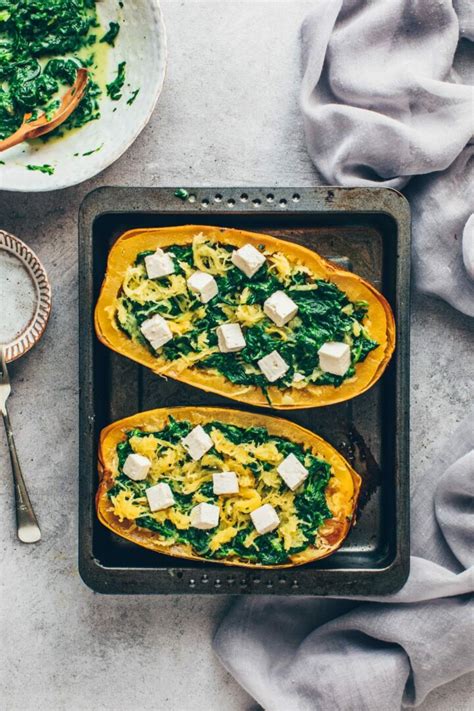 Spinach Stuffed Spaghetti Squash With Vegan Feta Bianca Zapatka Recipes
