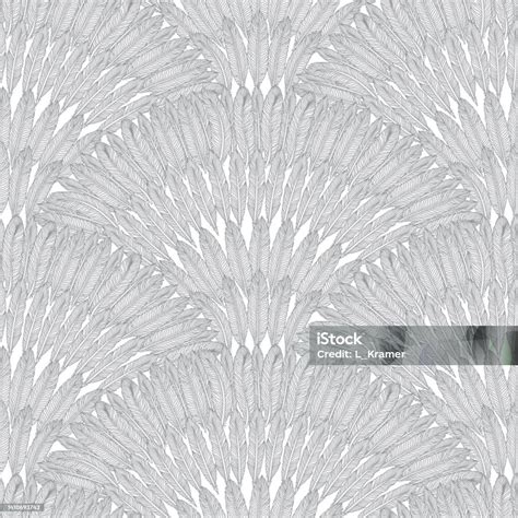 흰색 배경에 은색 회색 깃털의 팬이있는 벡터 이음새가 없는 패턴 색칠 공부 책 페이지 고풍스런에 대한 스톡 벡터 아트 및 기타 이미지 고풍스런 공작 깃털 기하 도형
