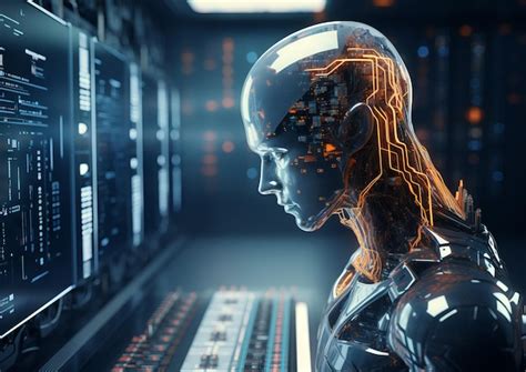 Premium Photo Futuristic Humanoid Observing Multiple Screens