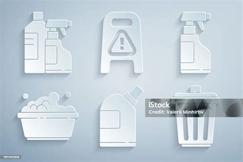 세정제 병 세제 액체가 담긴 스프레이 병 플라스틱 대야 비누 거품 쓰레기통 젖은 바닥 및 진행 상황 및 아이콘을 설정합니다 벡터 3차원 형태에 대한 스톡 벡터 아트 및 기타