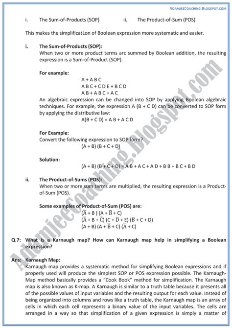 Adamjee Coaching Boolean Algebra Descriptive Question Answers Computer Ix