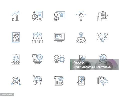 시스템 라인 아이콘 컬렉션입니다 효율성 혁신 자동화 최적화 통합 기능 확장성 벡터 및 선형 그림 융통성 신뢰성 성과 개략 표시 세트 상호운용성에 대한 스톡 벡터 아트 및