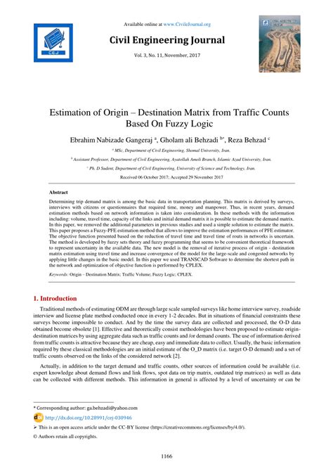 Pdf Estimation Of Origin Destination Matrix From Traffic Counts Based On Fuzzy Logic