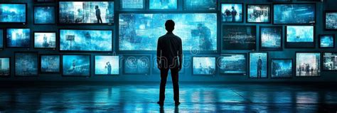 Man Monitoring Multiple Screens Displaying City Surveillance Footage And Data Visualizations