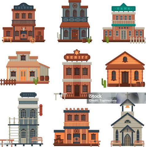 와일드 웨스트 목조 건물 컬렉션 은행 살롱 보안관 사무실 교회 웨스턴 타운 디자인 요소 벡터 일러스트 미 술집에 대한 스톡 벡터 아트 및 기타 이미지 Istock