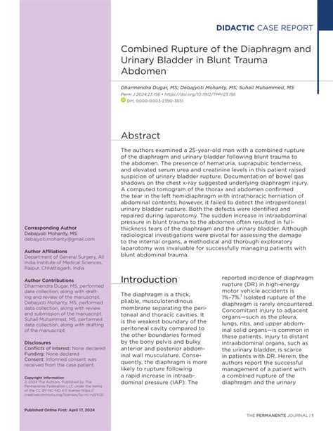 Pdf Combined Rupture Of The Diaphragm And Urinary Bladder In Blunt
