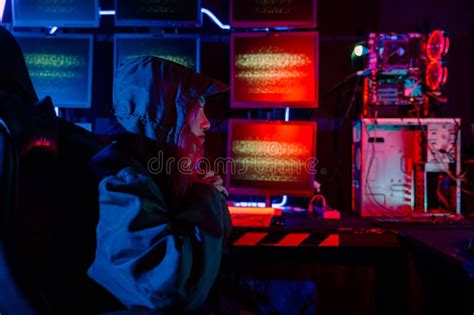 Woman Hacker Wear Hood Sit Front Computer Typing On Keyboard Hacking