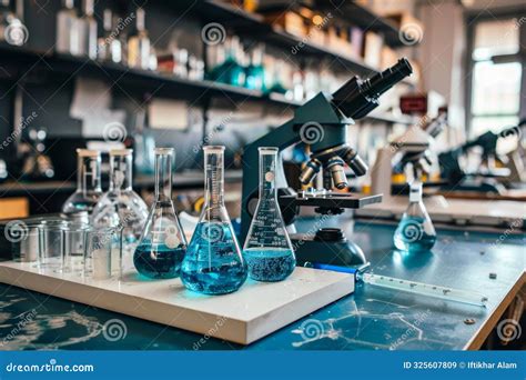 A Science Lab Setup With Microscopes Beakers And Other Equipment