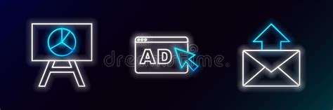 Set Line Mail And E Mail Board With Graph Chart And Advertising Icon Glowing Neon Vector