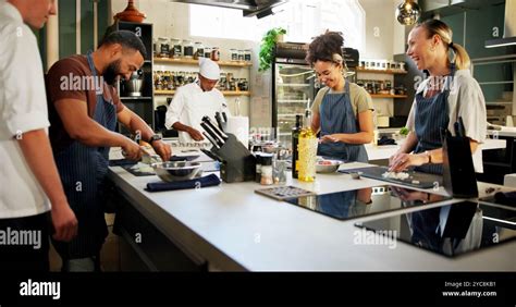 Cooking Course And Chef Learning Students In Kitchen For Knowledge