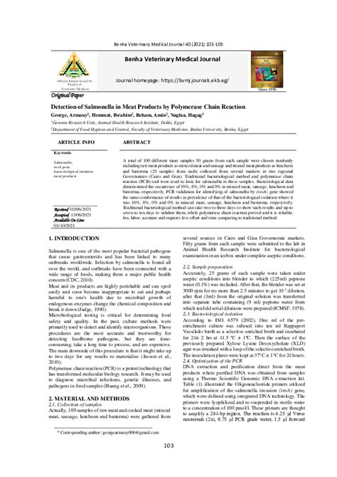 Pdf Detection Of Salmonella In Meat Products By Polymerase Chain Reaction