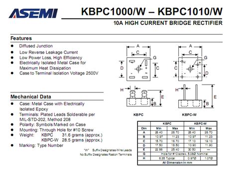 Asemi整流桥kbpc1010中文资料kbpc1010参数1010 Pdf资料1010规格书下载 整流桥asemi整流桥台湾