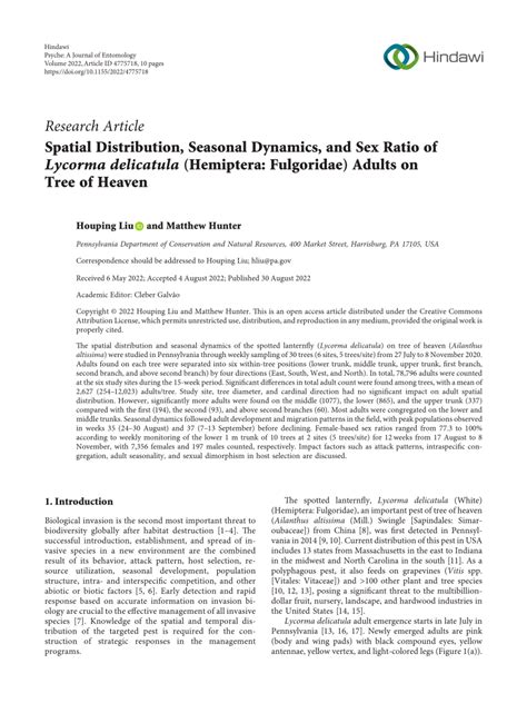 Pdf Spatial Distribution Seasonal Dynamics And Sex Ratio Of Lycorma Delicatula Hemiptera