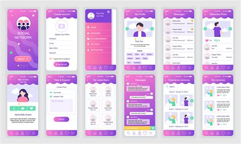 Ui Ux Gui의 집합 모바일 앱을 위한 소셜 네트워크 앱 플랫 디자인 템플릿 휴대폰 앱에 대한 스톡 벡터 아트 및 기타