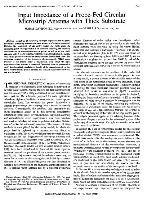 Pdf Input Impedance Of A Probe Fed Circular Microstrip Antenna With Thick Substrate