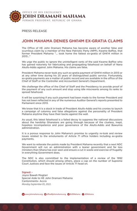 Office Of Ex President Replies Abronye Over Gh¢14m Ex Gratia Claim