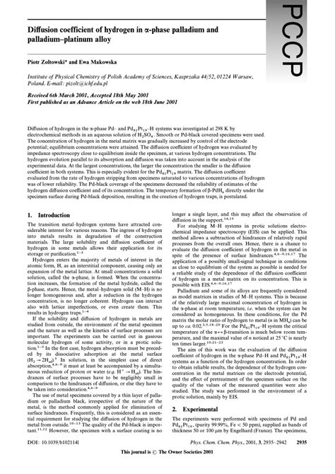 Pdf Diffusion Coefficient Of Hydrogen In α Phase Palladium And
