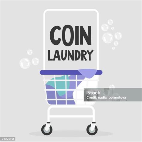 동전 세탁 포스터입니다 화려한 옷에는 트롤리입니다 매일 일과입니다 셀프 서비스입니다 평면 편집 가능한 벡터 일러스트 레이 션 클립 아트 빨래방에 대한 스톡 벡터 아트 및