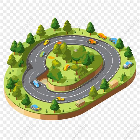 경주용 트랙 클립 아트 아이소메트릭 도로 및 자동차가 작은 지역 만화 주위로 휘어지는 나무 아이콘 벡터 Png 일러스트 무료 다운로드 Lovepik