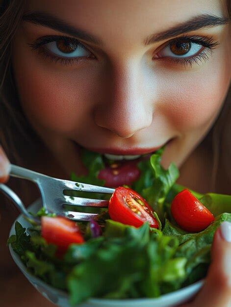 Vibrant Salad Eating Female Model Premium Ai Generated Image