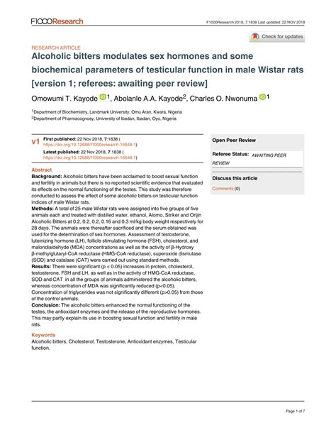 Pdf Alcoholic Bitters Modulates Sex Hormones And Some Biochemical Parameters Of Testicular