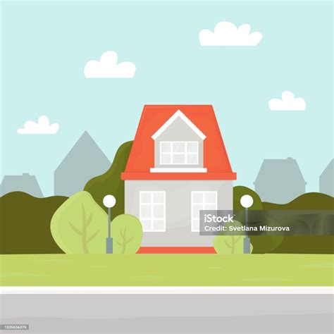 빨간 지붕 큰 창문 잔디밭에 등불이있는 2 층 짜리 집 좋은 아늑한 집 다양한 디자인에 대한 보편적 인 배경 벡터 일러스트레이션 플랫 2층 건물에 대한 스톡 벡터 아트 및