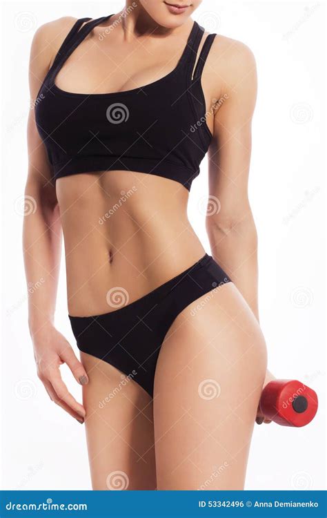 Slim Fit Woman Body With Dumbbells Muscled Abdomen Stock Photo Image Of Lifestyle Athletic