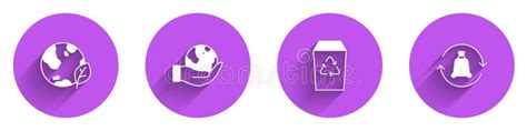 Set Earth Globe And Leaf Hand Holding Recycle Bin And Garbage Bag
