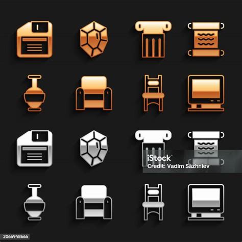 안락 의자 파피루스 스크롤 레트로 Tv 의자 고대 암포라 기둥 플로피 디스크 및 보석 돌 아이콘을 설정합니다 벡터 가구에 대한