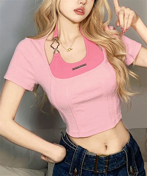 홀터넥크롭탑 체인나시 배색레이어드티 반소매티셔츠 레이어드룩 데일리룩 에이블리