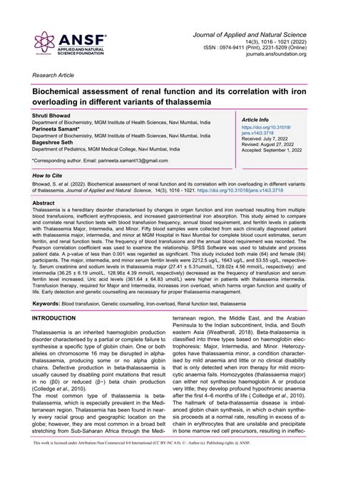 Pdf Biochemical Assessment Of Renal Function And Its Correlation With Iron Overloading In