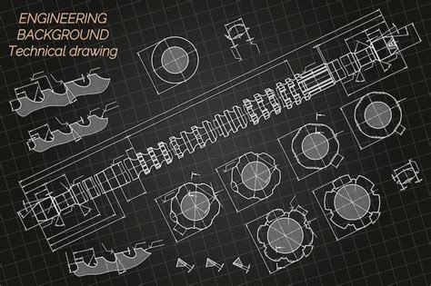 파란색 배경에 기계 공학 도면 브로치 기술 설계 표지 청사진 벡터 일러스트 레이 션 프리미엄 벡터