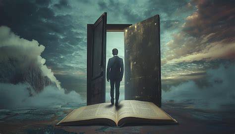 Young Man Passes From A Peak To Another On A Book Opened Door The