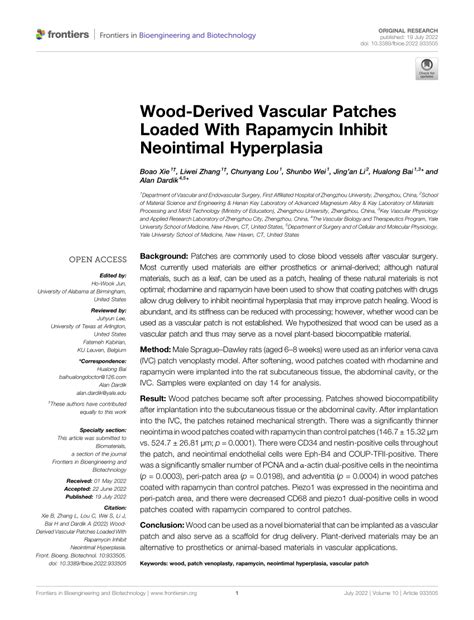 Pdf Wood Derived Vascular Patches Loaded With Rapamycin Inhibit