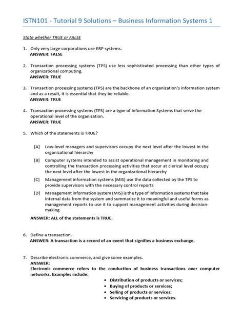 Istn101 Tutorial 9 Business Information Systems 1 Solutions Pdf Decision Making
