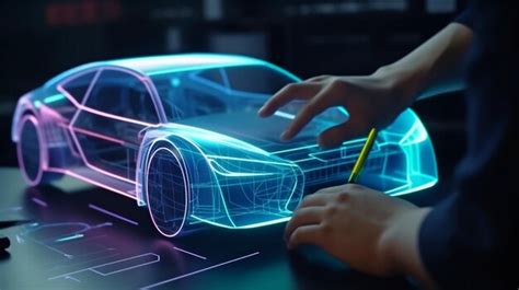 Premium Ai Image Engineers Working On Automobile Design Are Using A Holographic Tablet App