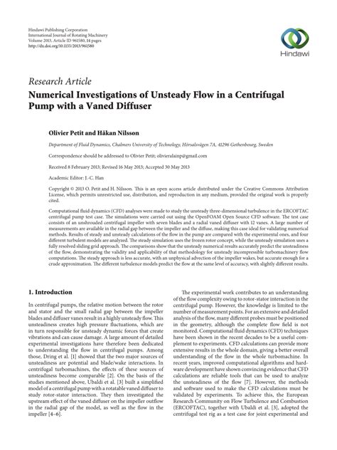 Pdf Numerical Investigations Of Unsteady Flow In A Centrifugal Pump With A Vaned Diffuser