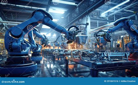 Robotic Arm Working On Assembly Line In Factory Automation Manufacturing Process Stock